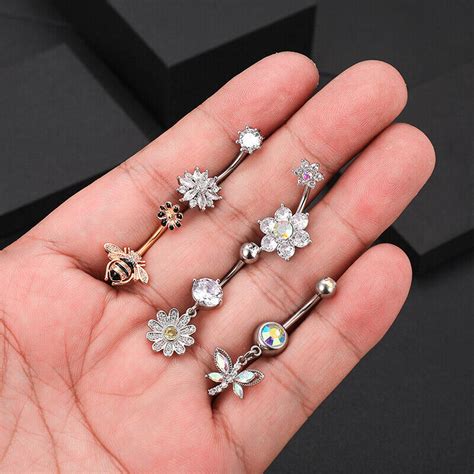 Dangled Belly Button Rings Surgical Steel Navel Piercing Crystal Bee