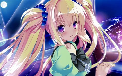 Blonde Hair Blush Bow City Dress Game Long Hair Moon Natsume Eri Night Purple Eyes