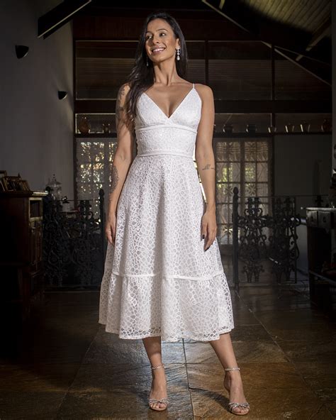 Vestido Midi Branco De Alcinha Em Renda