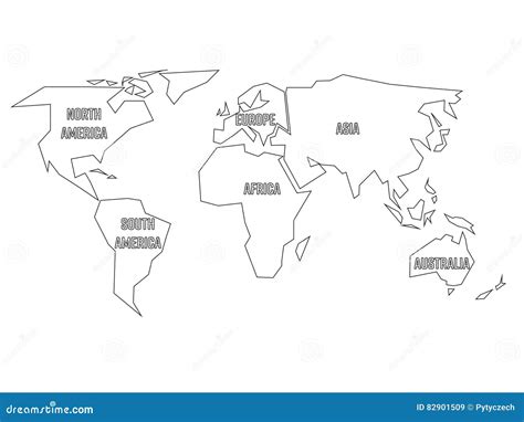 Simplified Black Outline Of World Map Divided To Six Continents Simple