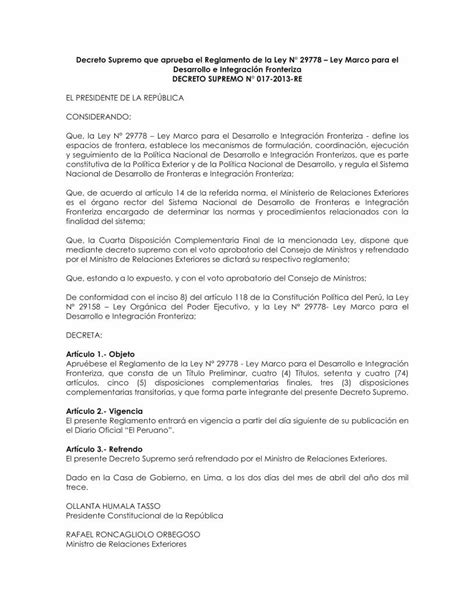 Pdf Decreto Supremo Que Aprueba El Reglamento De La Ley N Ley