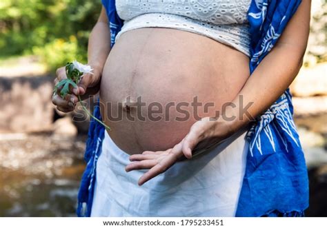 Close Up Of The Big Naked Belly Of A Pregnant Woman With Protruding