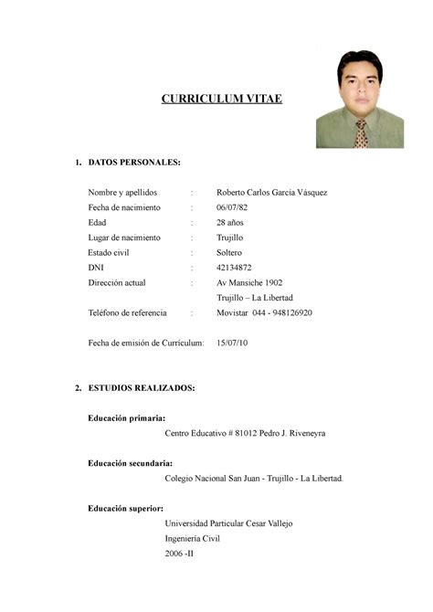 Cv Ingeniero Civil APUNTES CURRICULUM VITAE 1 DATOS PERSONALES