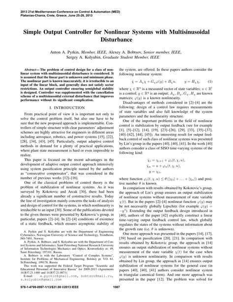 pdf simple output controller for nonlinear systems with multisinusoidal disturbance