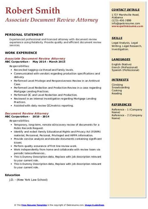 Document Review Attorney Resume Samples QwikResume