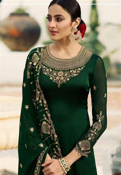 Dark Green Satin Georgette Embroidered Sharara Style Pakistani Suit