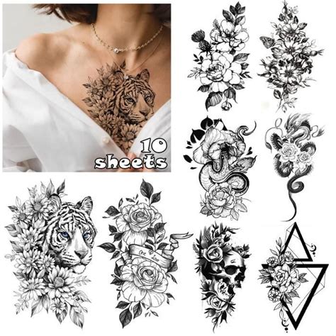 10 Feuilles Tatouage Ephemere Femme Faux Tatouage 3D Rose Adhésif