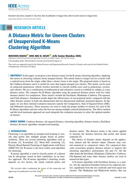 pdf a distance metric for uneven clusters of unsupervised k means clustering algorithm