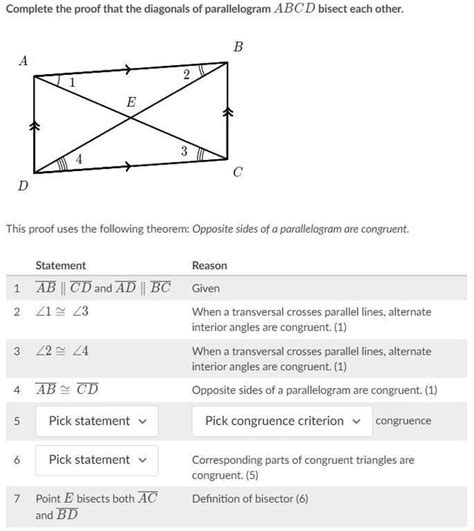 PLEASE ANSWER Complete The Proof That The Diagonals Of Parallelogram