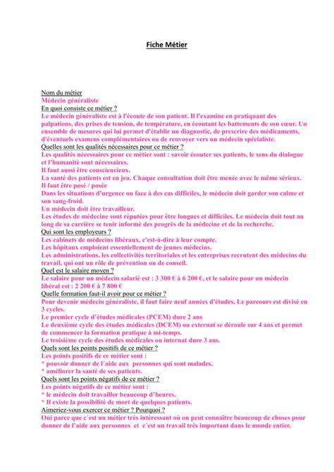 Fiche Métier Nom du métier Médecin généraliste En quoi consiste