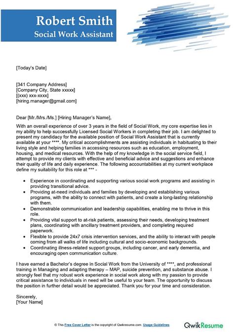 Social Work Assistant Cover Letter Examples Qwikresume