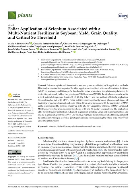 pdf foliar application of selenium associated with a multi nutrient fertilizer in soybean
