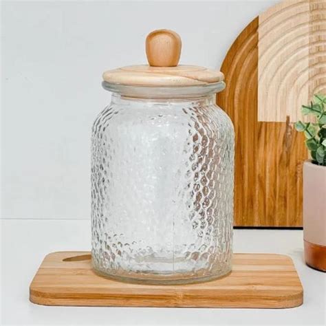 Porta Pote Alimento Mantimento De Vidro Tampa Bambu X Cm