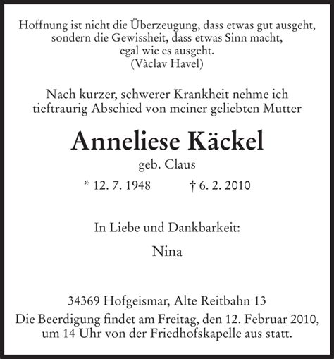 Traueranzeigen von Anneliese Käckel Trauer HNA de