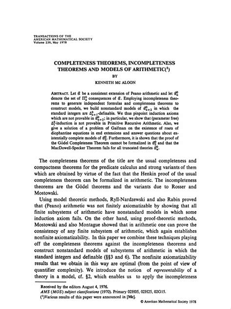 mcaloon completeness theorems incompleteness theorems and models of arithmetic pdf model
