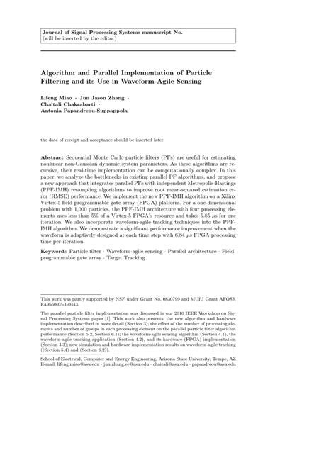 pdf algorithm and parallel implementation of particle filtering and its use in waveform agile