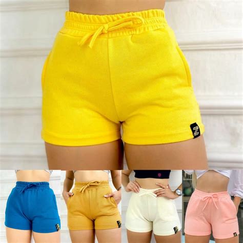 Short Moletom Feminino Bolso Flanelado Casual Confortável Praia