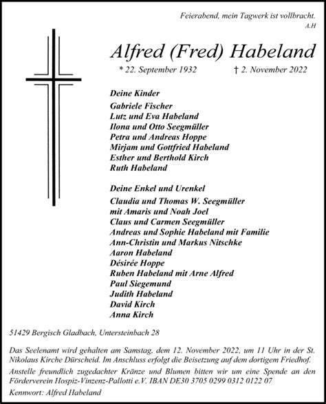 Traueranzeigen Von Alfred Habeland WirTrauern