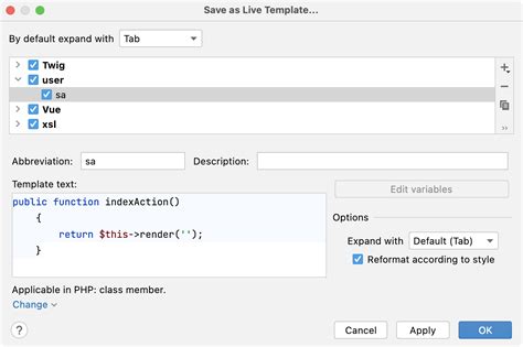 Tutorial Creating Live Templates PhpStorm Documentation