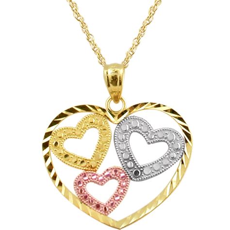 10k Tricolor Triple Heart Necklace Gold Necklaces Pendants