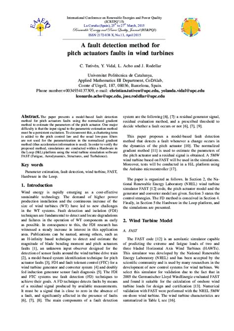 pdf a fault detection method for pitch actuators faults in wind turbines yolanda vidal
