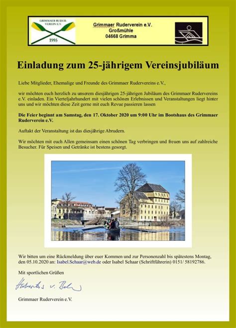 Einladung Zum Vereinsjubil Um Grimmaer Ruderverein E V