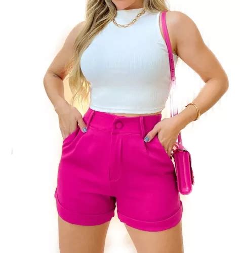 Short Femin Alfaitaria Cintura Alta Bolsos Elástico Na Atrás