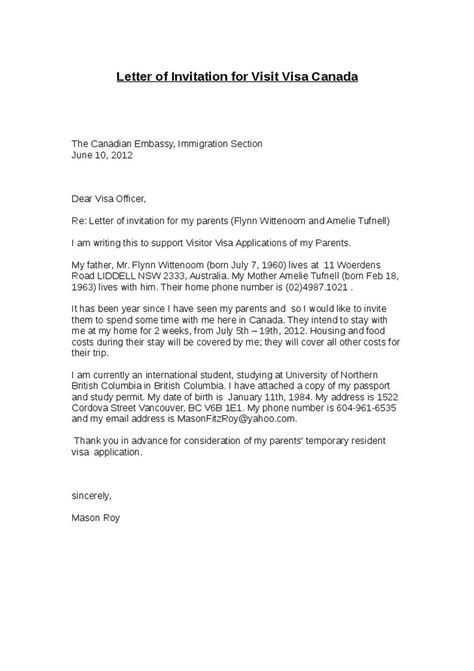 Sample Invitation Letter For Canadian Visa