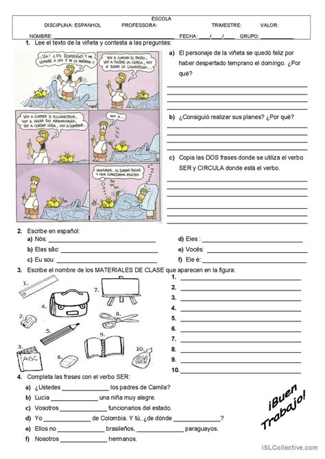 Actividades Verbo Ser Materiales Español ELE hojas de trabajo pdf