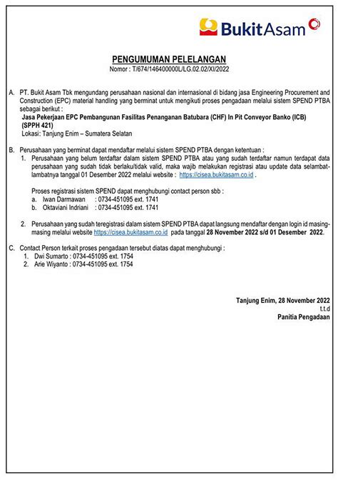 Pengumuman Pelelangan Umum PT Bukit Asam Tbk Daftar Iklan Baris