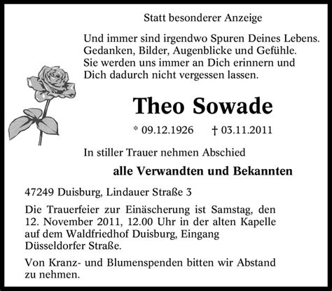 Traueranzeigen Von Theo Sowade Trauer In Nrw De