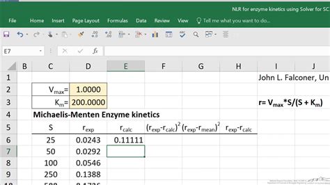 nonlinear regression to determine michaelis menten kinetics parameters using excel solver youtube