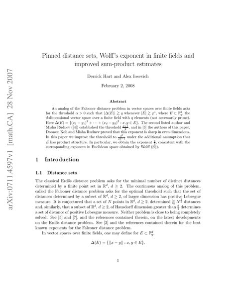 pdf pinned distance sets wolff s exponent in finite fields and improved sum product estimates