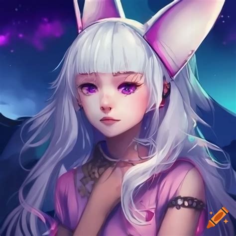 Girl With White Hair And Cat Ears On Mountain Top In Colorful Anime
