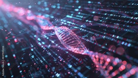 A Glowing Digital Dna Strand Surrounded By A Matrix Of Blue And Pink