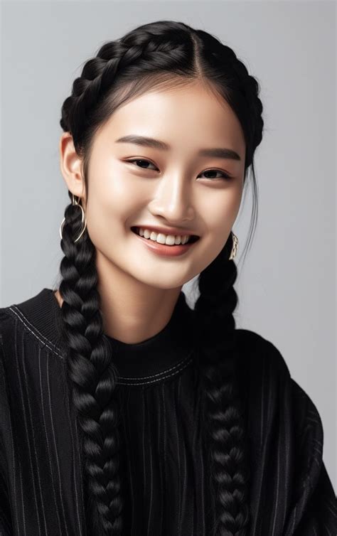Stylish Portrait Of Smiling Asian Beauty With Double Braids Hairstyle Asian Hair Fenugreek