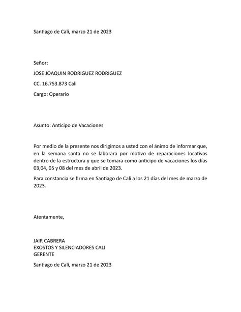 Carta De Solicitud De Vacaciones Anticipadas Image To U