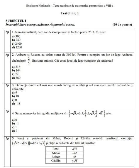 Evaluare Nationala Model De Test Rezolvat La Matematica In