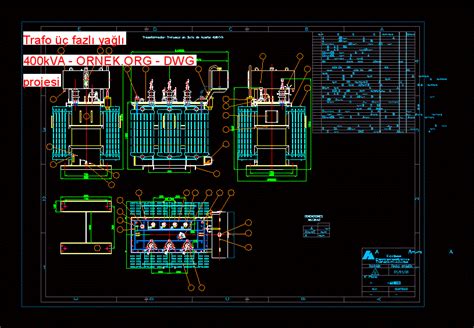 Trafo üç fazlı yağlı 400kVA dwg projesi Autocad Projeler