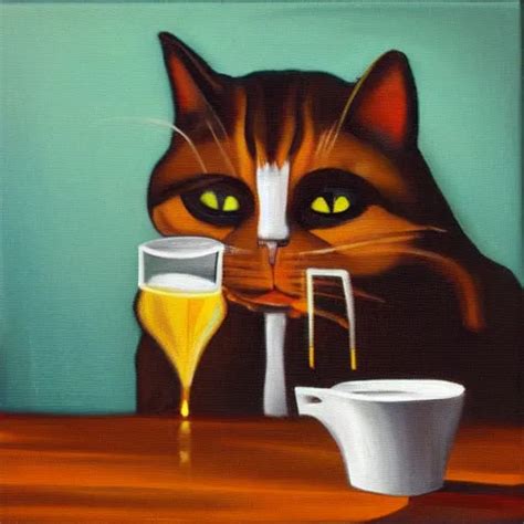 Oil In Canvas Of A Cat Drinking Beer A Bar It Is Sad Stable