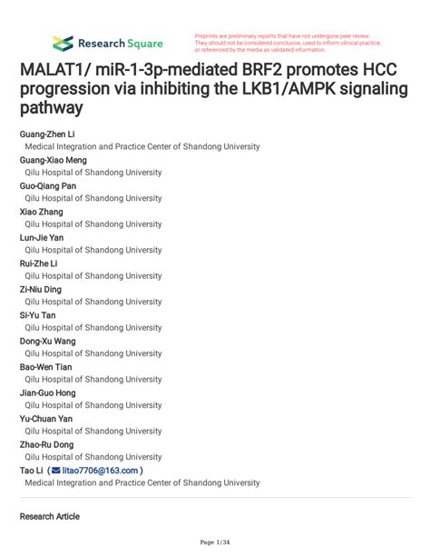 PDF MALAT1 MiR 1 3p Mediated BRF2 Promotes HCC Progression Via