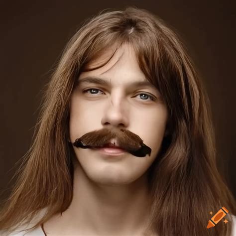 Portrait Of A Handsome Adult Man With Long Brown Hair And Mustache On