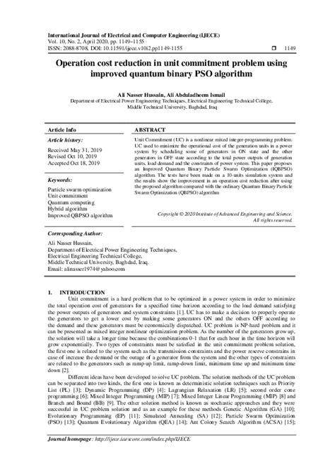 pdf operation cost reduction in unit commitment problem using improved quantum binary pso