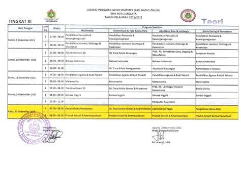 Jadwal Dan Tata Tertib Penilaian Akhir Semester PAS Ganjil 2021 2022