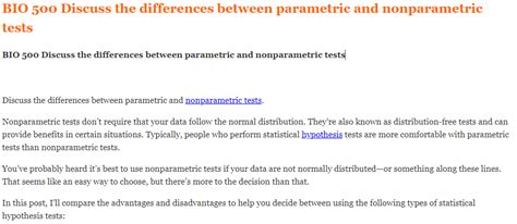 BIO 500 Discuss The Differences Between Parametric And Nonparametric