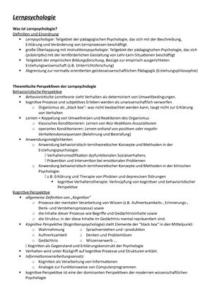Lernpsychologie Zusammenfassung Lernpsychologie Teilgebiet Der