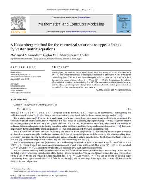 pdf a hessenberg method for the numerical solutions to types of block sylvester matrix