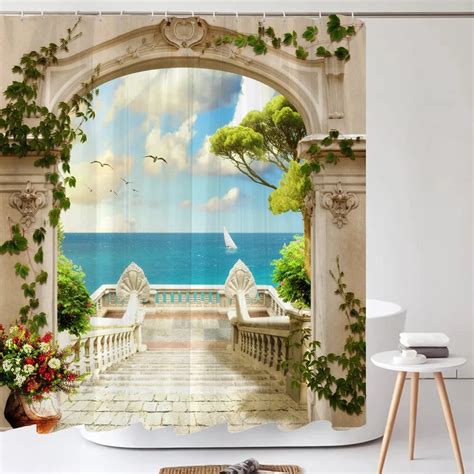 3d Printed Greek Style Retro Column Waterproof Bath Curtain European