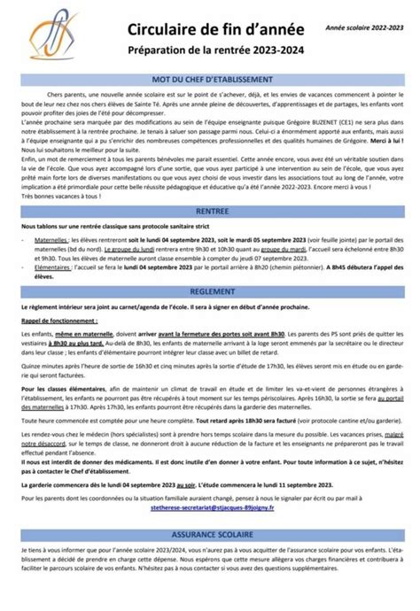 Circulaires de rentrée et Fournitures 2023 2024 Ensemble scolaire