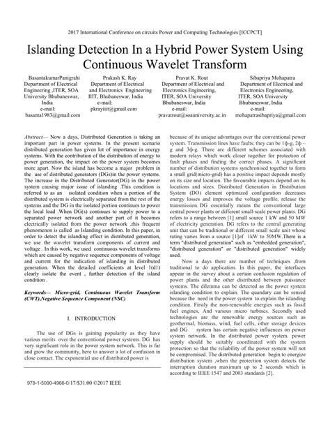 pdf islanding detection in a hybrid power system using continuous wavelet transform